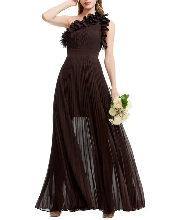 Dress The Population Vida One Shoulder Pleated Ruffle Gown - Mocha