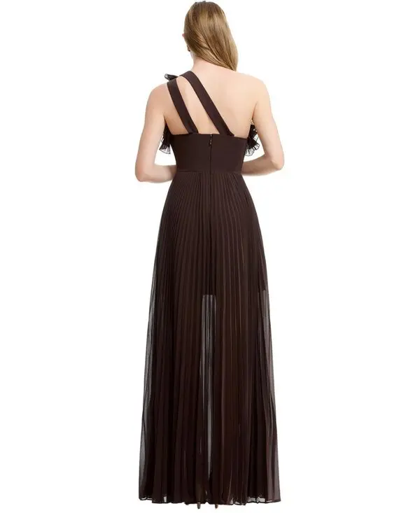Dress The Population Vida One Shoulder Pleated Ruffle Gown - Mocha