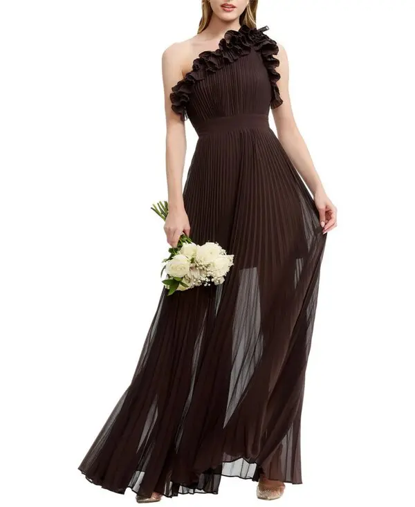 Dress The Population Vida One Shoulder Pleated Ruffle Gown - Mocha