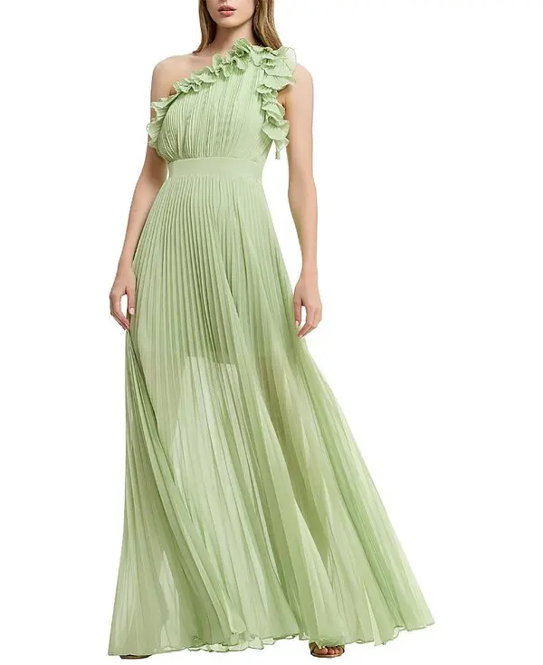 Dress The Population Vida One Shoulder Pleated Ruffle Gown - Sage