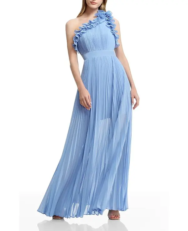 Dress The Population Vida One Shoulder Pleated Ruffle Gown - Sky