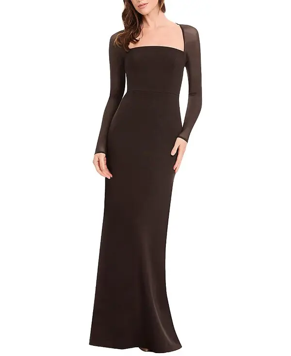 Dress The Population Maxwell Long-sleeve A-line Crepe Gown - Mocha