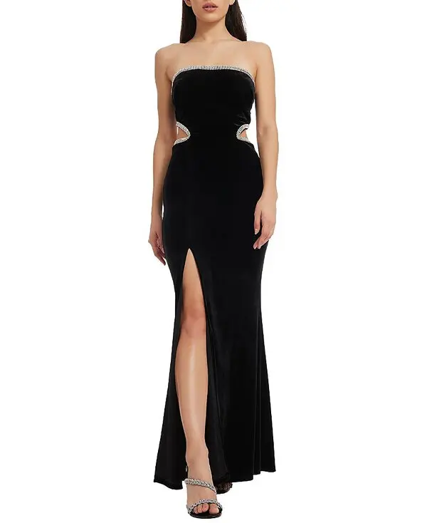 Dress The Population Ariana Strapless Crystal Trim Cut-out High Slit Gown - Black-silver