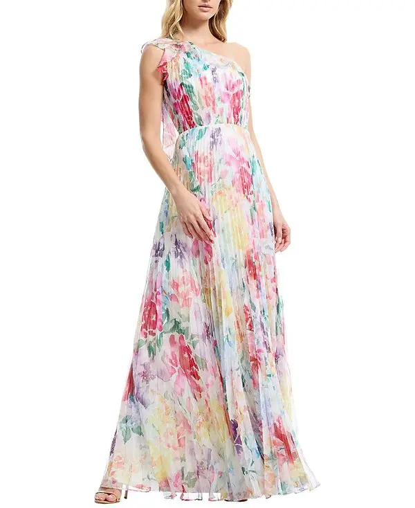 Dress The Population Leandra One-shoulder Printed Chiffon Gown - Ivory Multi