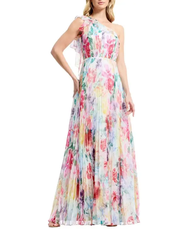 Dress The Population Leandra One-shoulder Printed Chiffon Gown