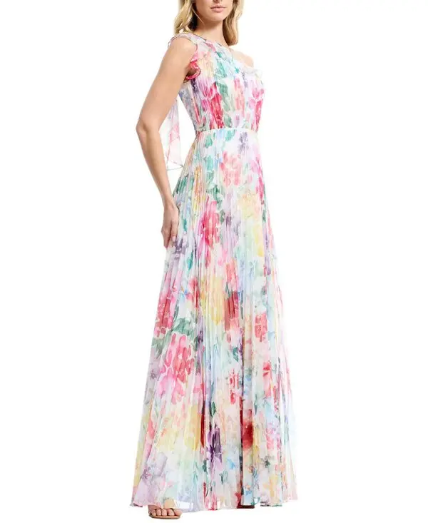 Dress The Population Leandra One-shoulder Printed Chiffon Gown