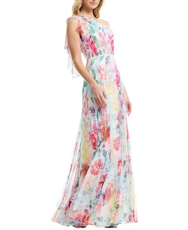 Dress The Population Leandra One-shoulder Printed Chiffon Gown