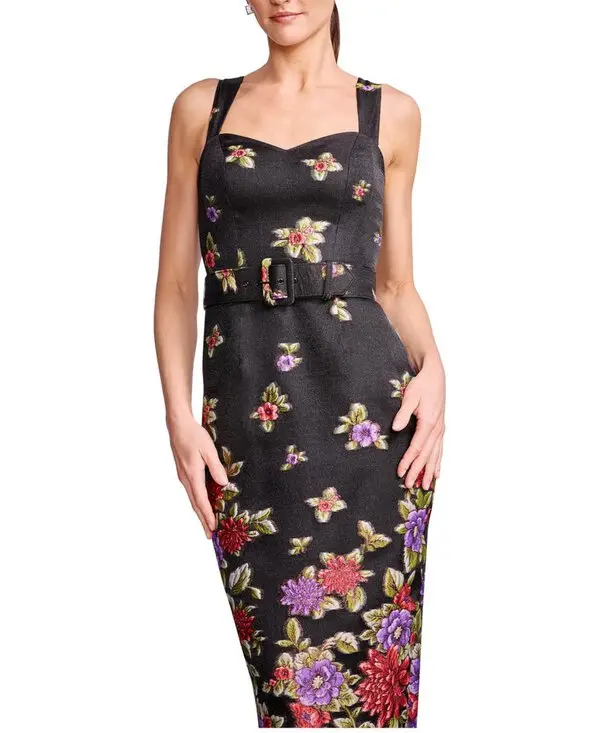 Dress The Population Nicole Belted Floral Organza Midi Dress