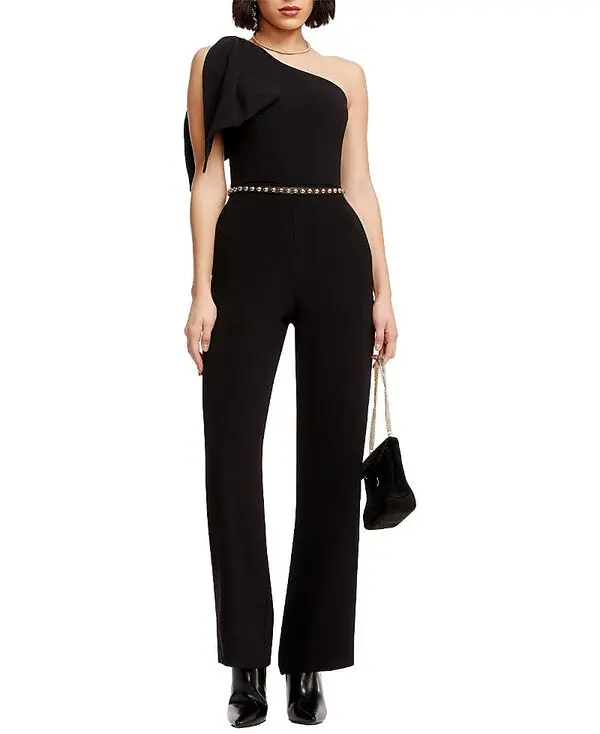 Dress The Population Tiffany One Shoulder Bow Wide Leg Jumpsuit - Black
