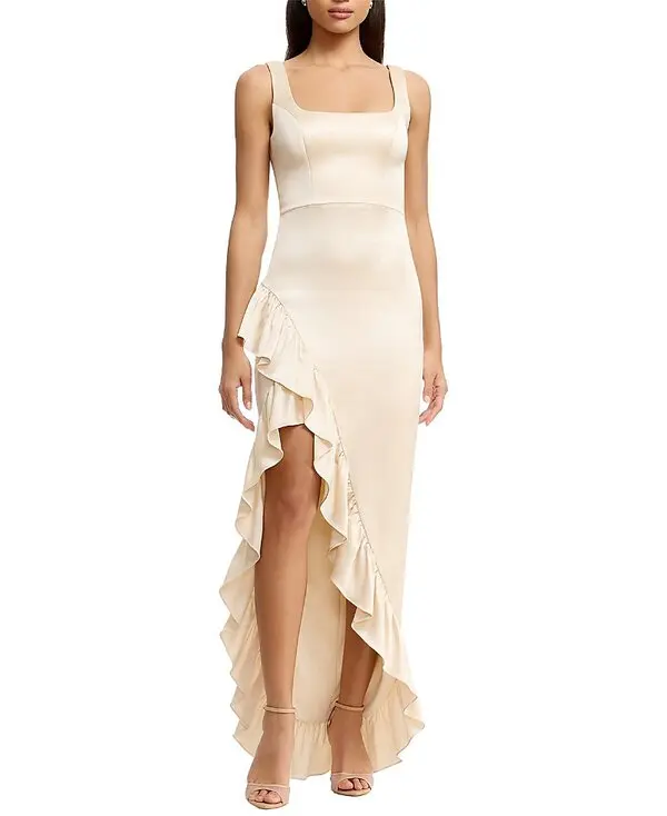 Dress The Population Charlene Square Neck Satin Cascade Ruffle Gown