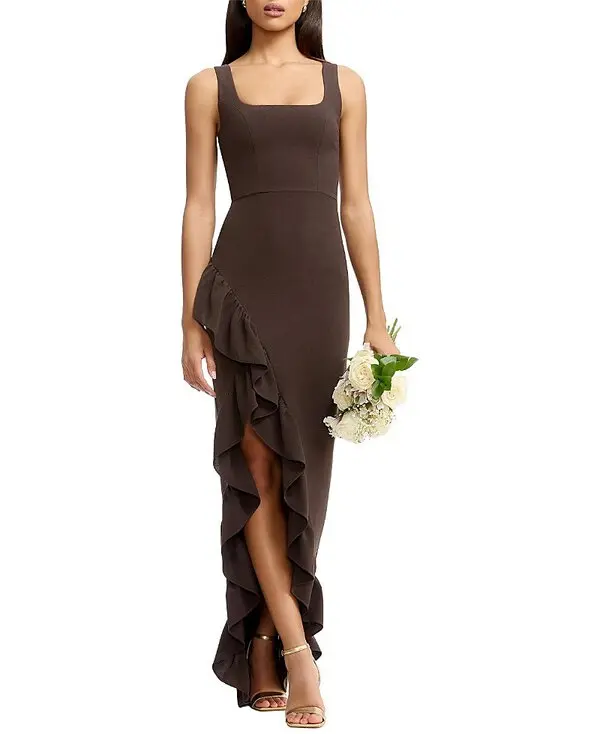 Dress The Population Charlene Square Neck Cascade Ruffle Gown - Mocha