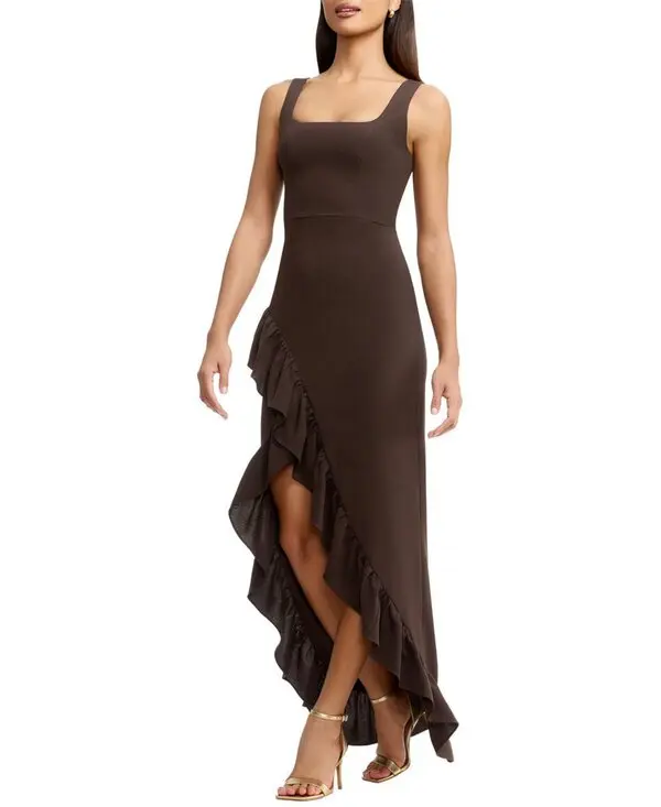 Dress The Population Charlene Square Neck Cascade Ruffle Gown - Mocha