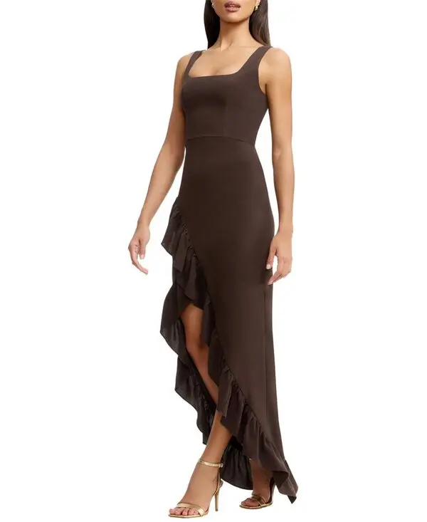 Dress The Population Charlene Square Neck Cascade Ruffle Gown - Mocha