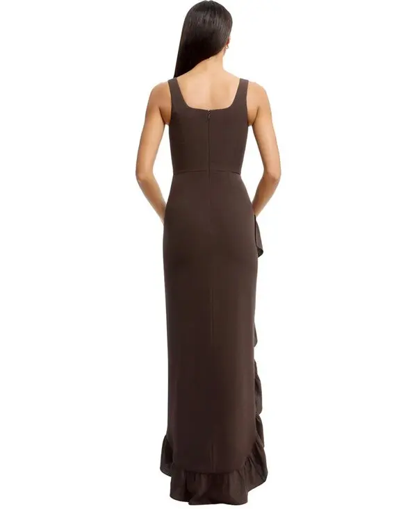 Dress The Population Charlene Square Neck Cascade Ruffle Gown - Mocha