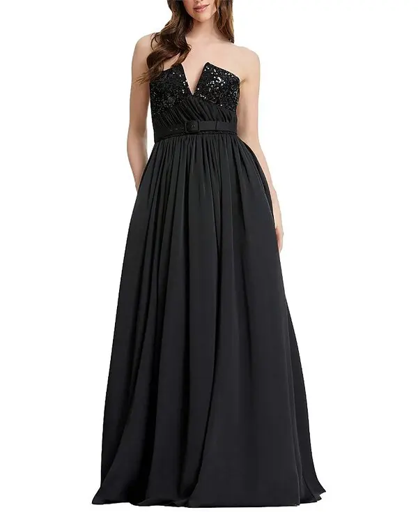 Dress The Population Kristine Strapless Plunge Sequin Bodice Belted Gown - Black