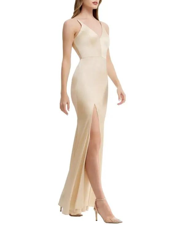 Dress The Population Iris V-neck Satin High Slit Gown
