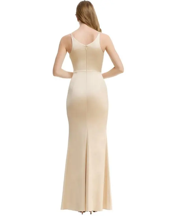 Dress The Population Iris V-neck Satin High Slit Gown