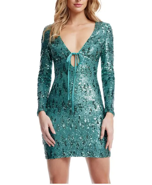 Dress The Population Dayton Long Sleeve Sequin Tie Mini Dress