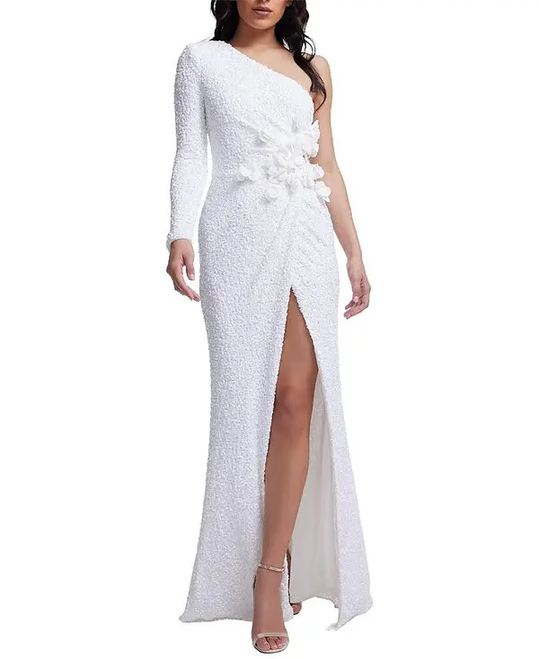 Dress The Population Francis One-shoulder Sequin Gown With 3d Floral Applique - White