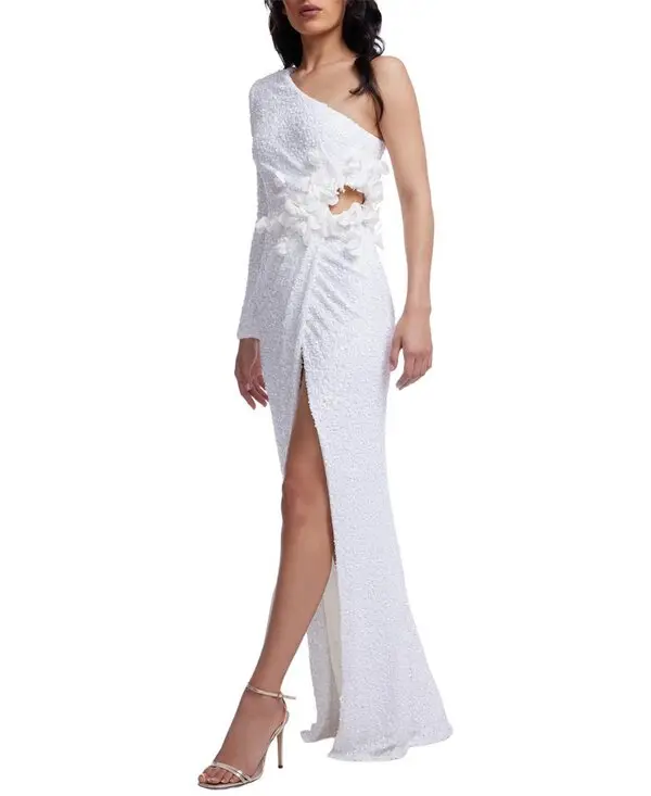 Dress The Population Francis One-shoulder Sequin Gown With 3d Floral Applique