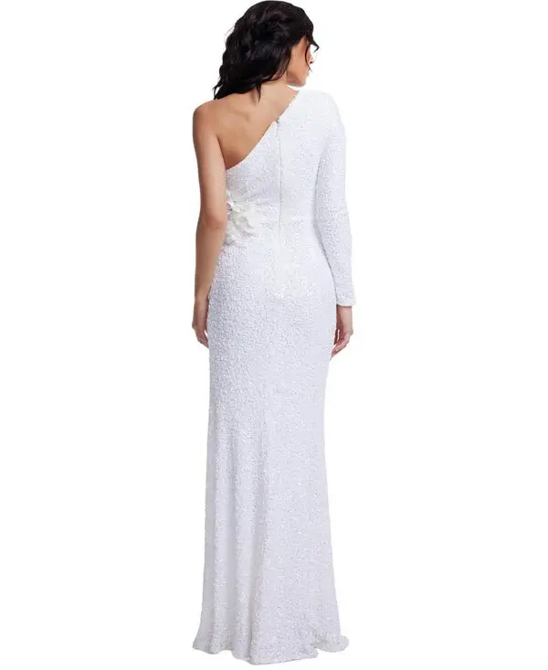 Dress The Population Francis One-shoulder Sequin Gown With 3d Floral Applique