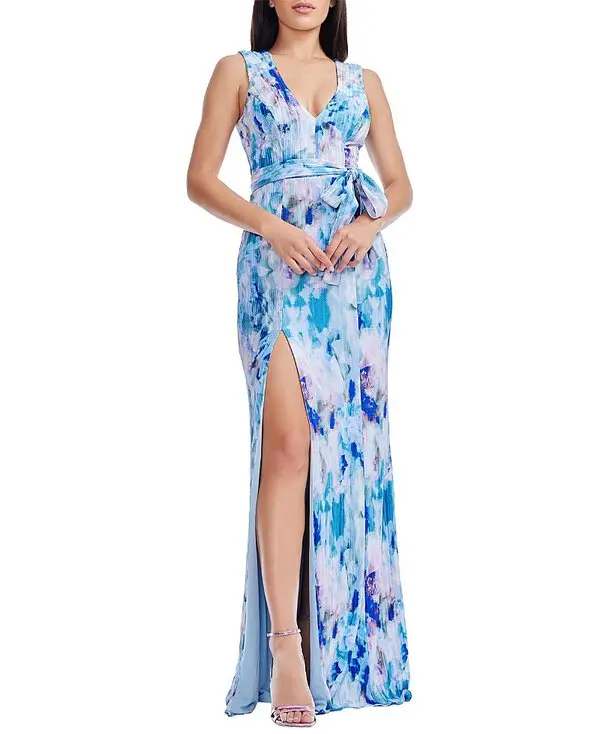 Dress The Population Sandra V-neck Pleated Floral Gown - Pale Blue Multi