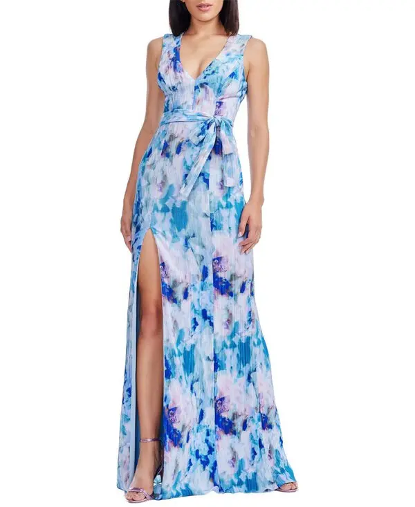 Dress The Population Sandra V-neck Pleated Floral Gown