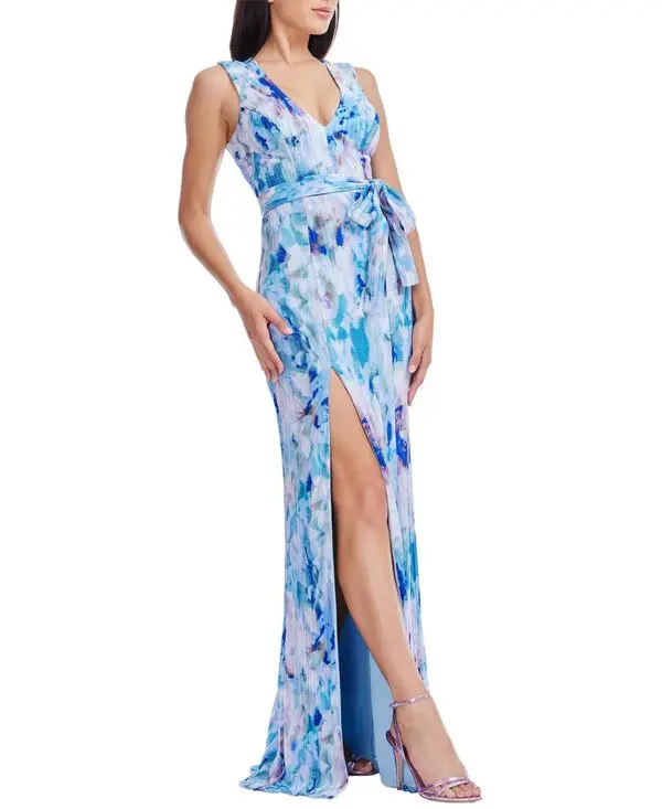 Dress The Population Sandra V-neck Pleated Floral Gown