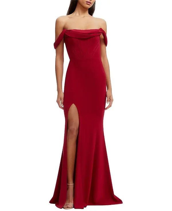 Dress The Population Melania Off-the-shoulder Draped Bustier Gown - Garnet