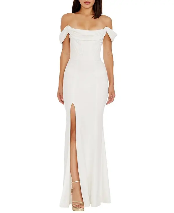 Dress The Population Melania Off-the-shoulder Draped Bustier Gown - White