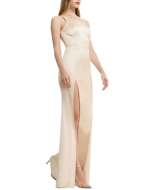 Dress The Population Amy One Shoulder Satin High Slit Gown
