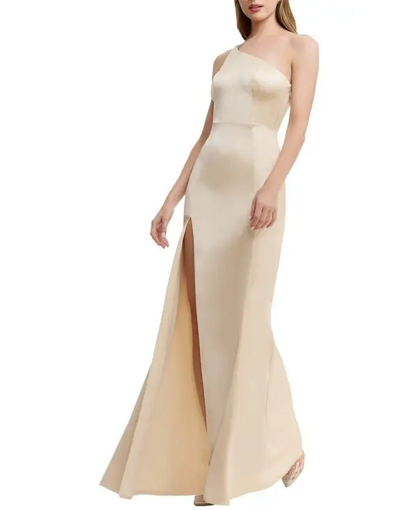 Dress The Population Amy One Shoulder Satin High Slit Gown