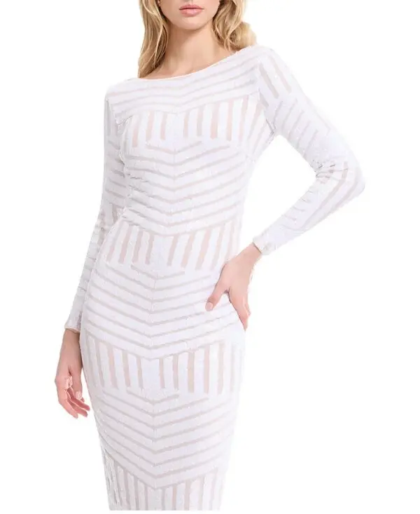 Dress The Population Emery Long Sleeve Chevron Sequin Midi Dress