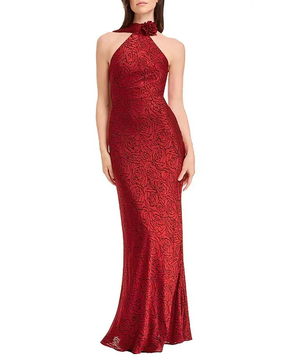 Dress The Population Olivia Halter High Neck Rose Print Rosette Gown - Rouge Multi