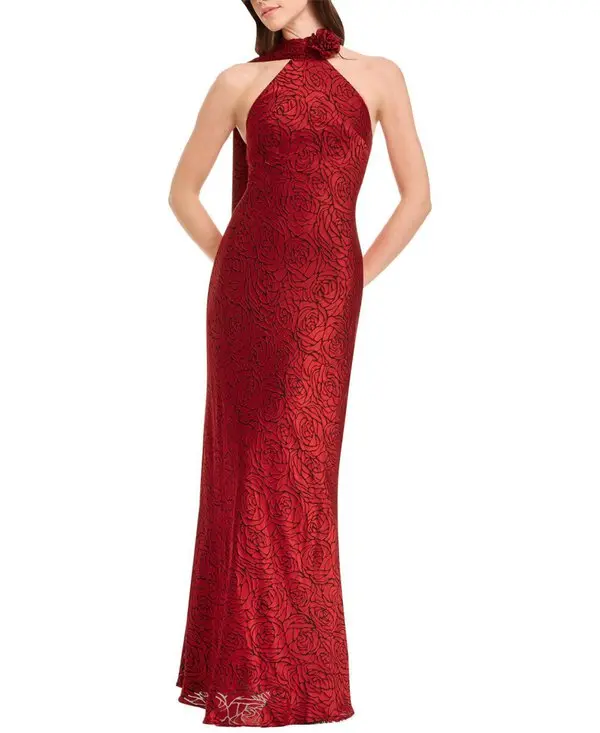 Dress The Population Olivia Halter High Neck Rose Print Rosette Gown