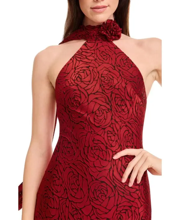 Dress The Population Olivia Halter High Neck Rose Print Rosette Gown