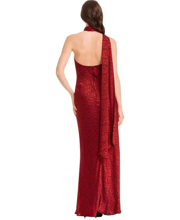 Dress The Population Olivia Halter High Neck Rose Print Rosette Gown