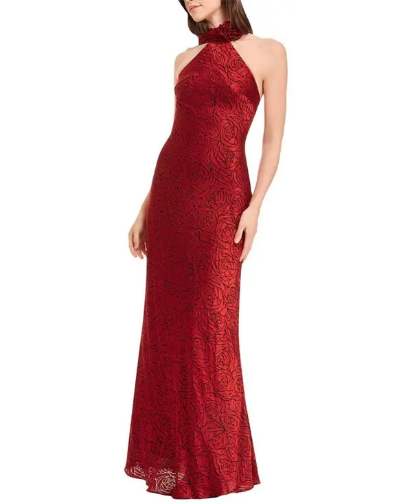 Dress The Population Olivia Halter High Neck Rose Print Rosette Gown