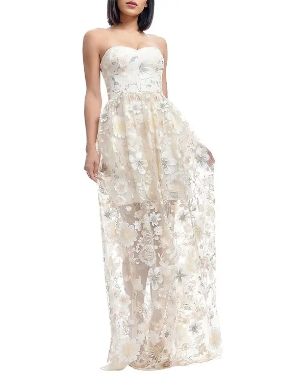 Dress The Population Audrina Strapless Sweetheart 3d Floral Applique Sheer Overlay Gown - Ivory Multi