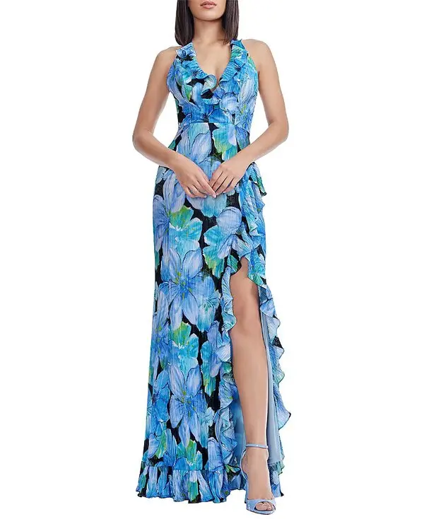 Dress The Population Kathleen Halter Plunge Floral Print Ruffle Slit Gown - Cobalt Multi