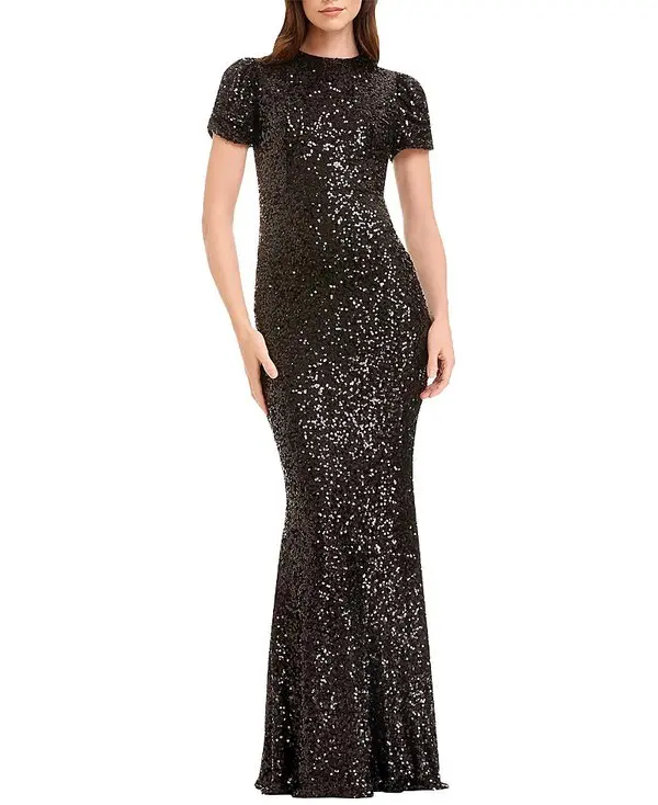 Dress The Population Kenzie Short Sleeve Sequin Mermaid Gown - Black