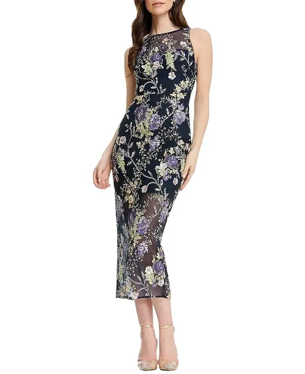 Dress The Population Helena Floral Embroidered Sheer Overlay Midi Dress - Navy Multi