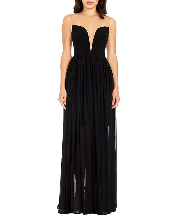 Dress The Population Eleanor Illusion Neck Plunge Bustier Chiffon Gown - Black