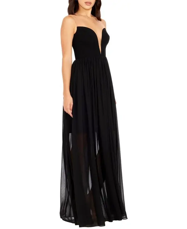 Dress The Population Eleanor Illusion Neck Plunge Bustier Chiffon Gown - Black