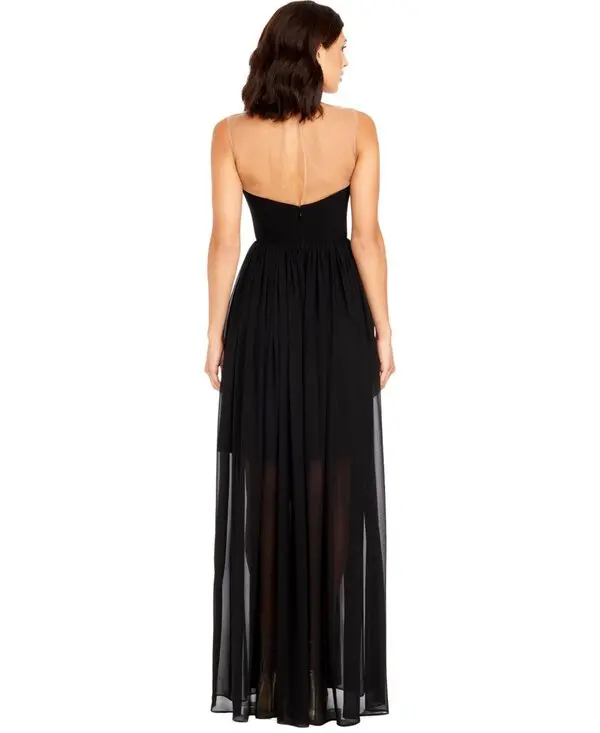 Dress The Population Eleanor Illusion Neck Plunge Bustier Chiffon Gown - Black