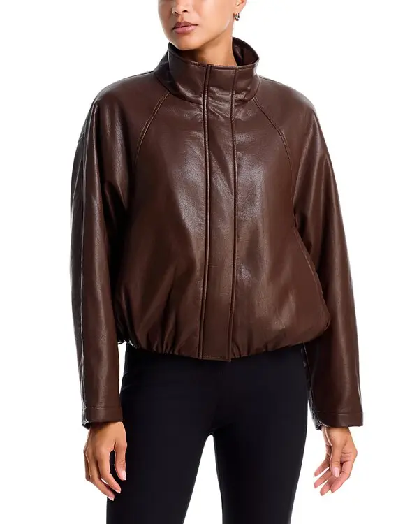 Aqua Faux Leather Bomber Jacket - Brown