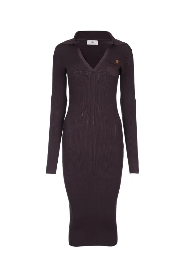 Elisabetta Franchi Long Sleeve Longuette Gown - Darkchocolate