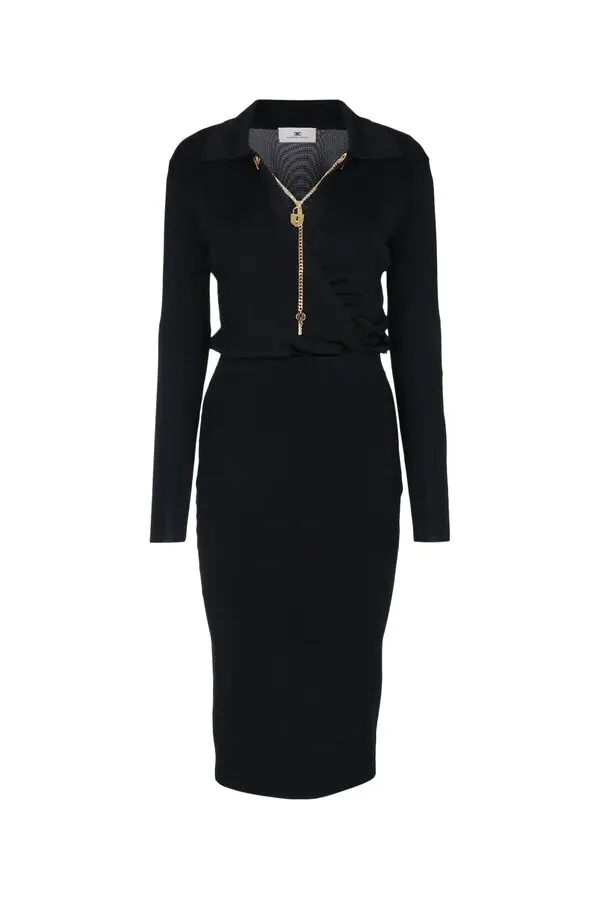 Elisabetta Franchi Long Sleeve Longuette Gown - Nero