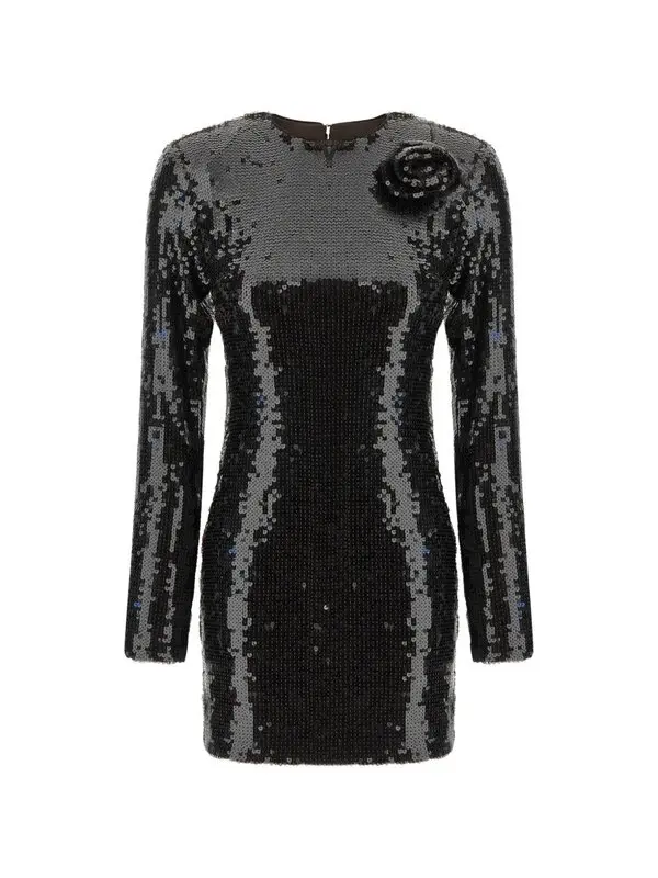 ROTATE BY BIRGER CHRISTENSEN Long Sleeve Sequined Mini Dress With Floral Shoulder Detail - Marrone