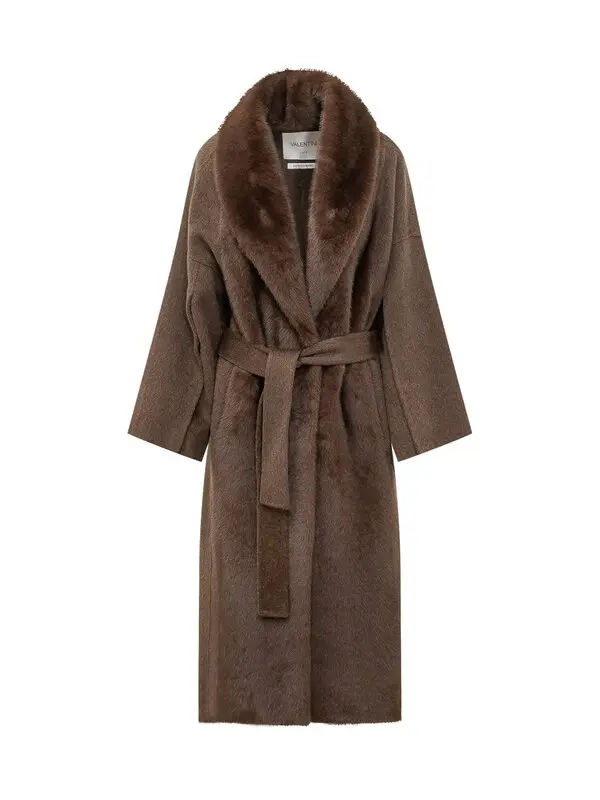 VALENTINI 1972 Wool Alpaca Blend Eco Fur Trimmed Coat - Coffe